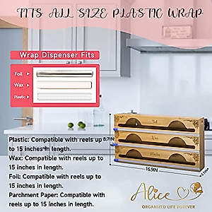 Alice 3-in-1 Foil and Plastic Wrap Organizer with Cutter | Compatible with Plastic Wrap, Aluminum Foil, and Wax Paper | Nature Bamboo Wrap Dispenser for Kitchen Storage Organization for 15 1/4" Roll