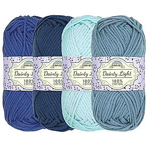 JubileeYarn Dainty Light Yarn - Worsted Weight Cotton - 100g/Skein - Shades of Blue - 4 Skeins
