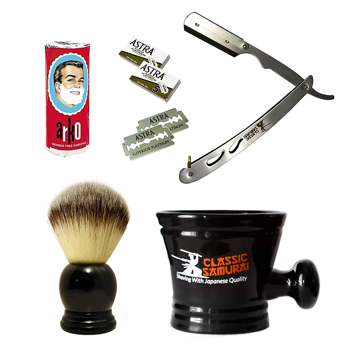 Classic Samurai Men's Shaving Set with Stainless Steel Professional Barber Straight Razor Shavette, 10 Astra Blades, Synthetic Shaving Brush, Arko Soap & Porcelain Mug (Silver Metal Gift Set)