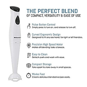 Americana Collection Elite EHB-2425X# Electric Immersion Hand Blender, Mixer, Chopper, 1-Touch Control Soups, Sauces, Baby Food, Removable Blending Stick, 150 Watts, White