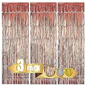 Rose Gold Party Decorations, 3 Pack 3.2ft x 8.2ft Rose Gold Curtains for Barbie Party Decorations Bachelorette Party Decorations Rose Gold Birthday Decorations, Backdrop Curtains for Party