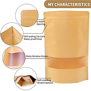 Moretoes 72pcs Stand Up Pouch Bags, 7x10 Inches Kraft Paper Ziplock Bags with Window,Resealable Pouches for Coffee, Applicable to Home or Business for Packaging