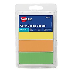Avery Rectangular Color Coding Labels, 1 x 3 Inches, Assorted, Removable, Pack of 72 (06722)