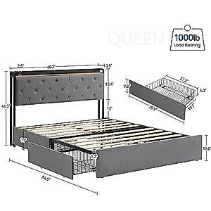 IDEALHOUSE Queen Size Bed Frame with 4 Storage Drawers and Charging Station, Grey Velvet Upholstered Platform Bed Frame with Storage Headboard and Wooden Slats Support, No Box Spring Needed