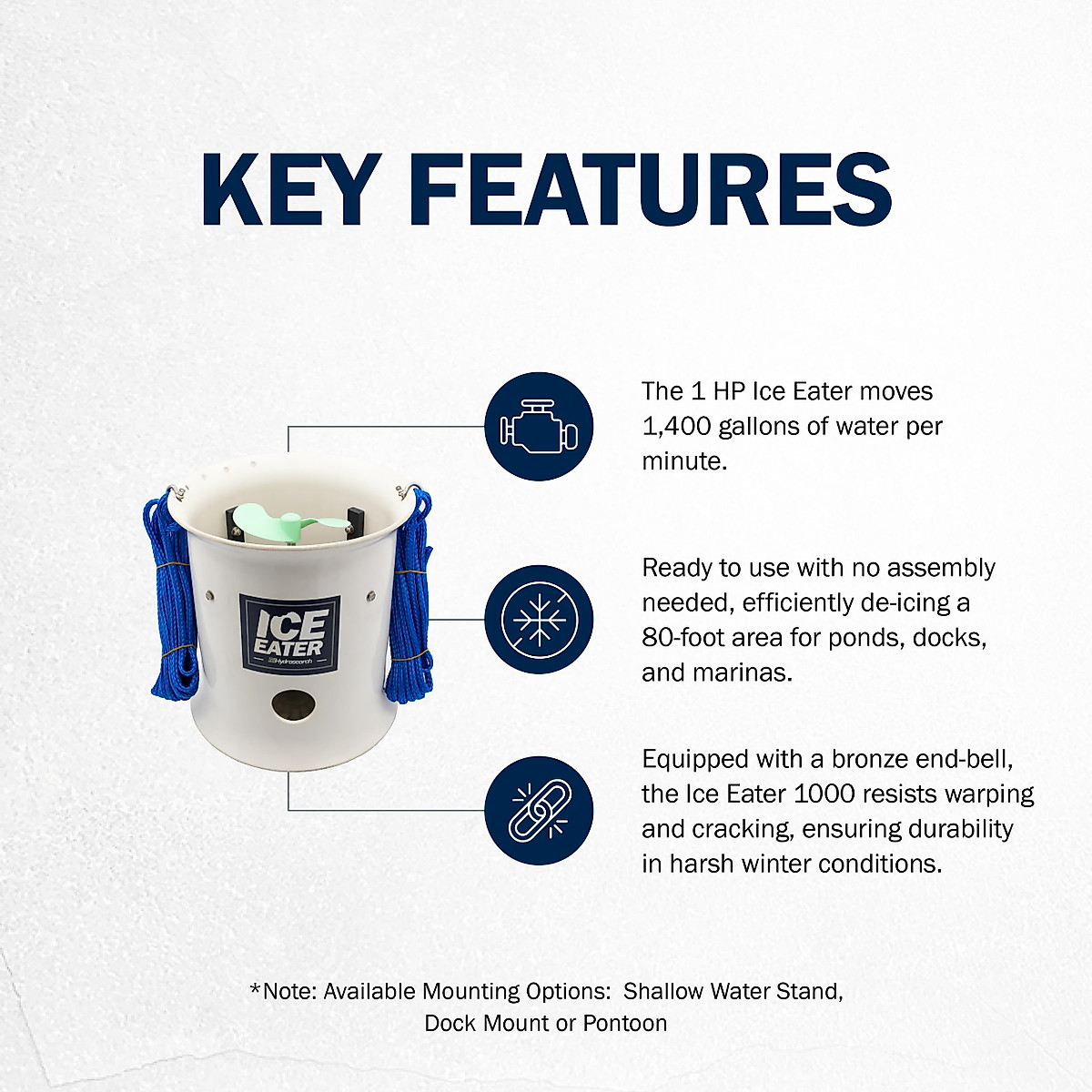 ICE EATER P1000/100-1 Horse Power 115V 100 Feet Power Cord - No Assembly Required | Pond De icer | Dock Bubbler Deicer | Marina De–Icer | Pond Aerator | Hydrasearch