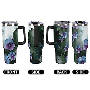 40 Oz Tumbler with Handle Blue Purple Flowers And Green Leaves Stainless Steel Coffee Mug Reusable Travel Mug Leak-proof Insulated Car Cup Large Capacity Tumbler for Travel, Outdoor, Home Use (Black)