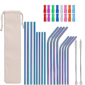 16-Pack Reusable 18/10 Stainless Steel Metal Straws with Silicone Tips & Cleaning Brush, Suotarn Long Drinking Straws for 20 24 30 oz Coffee Tumbler Travel Mug Cup, Dishwasher Safe, Rainbow