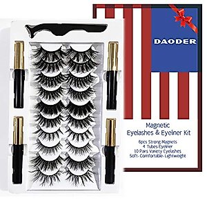 DAODER Magnetic Eyelashes Magnetic Lashes with 4 Tubes Eyeliner Kit 6 Magnets Natural Dramatic Lashes Mixed Wispy Long False Eyelashes Reusable 10 Pairs