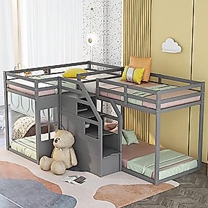 Merax Twin Over Twin L-Shaped Bunk Bed with Built-in Middle Staircase, Twin Size Wooden Bunk Bed for Teen, Grey