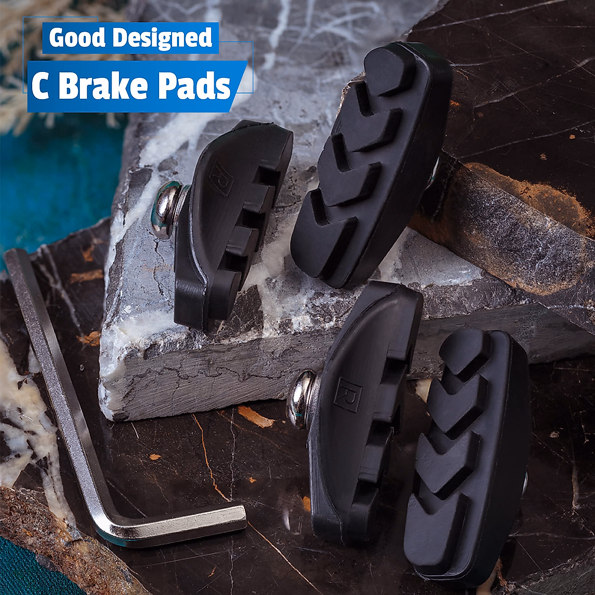 ELAPCO Bike Brake Pads 4 PCS with Installation Tool Caliper, Bicycle Brake Pads Ideal Road Brake Pads for Mountain Riders, C Shaped 50MM Pads for Mountain Bike Brake Pads, Reliable in Wet Condition