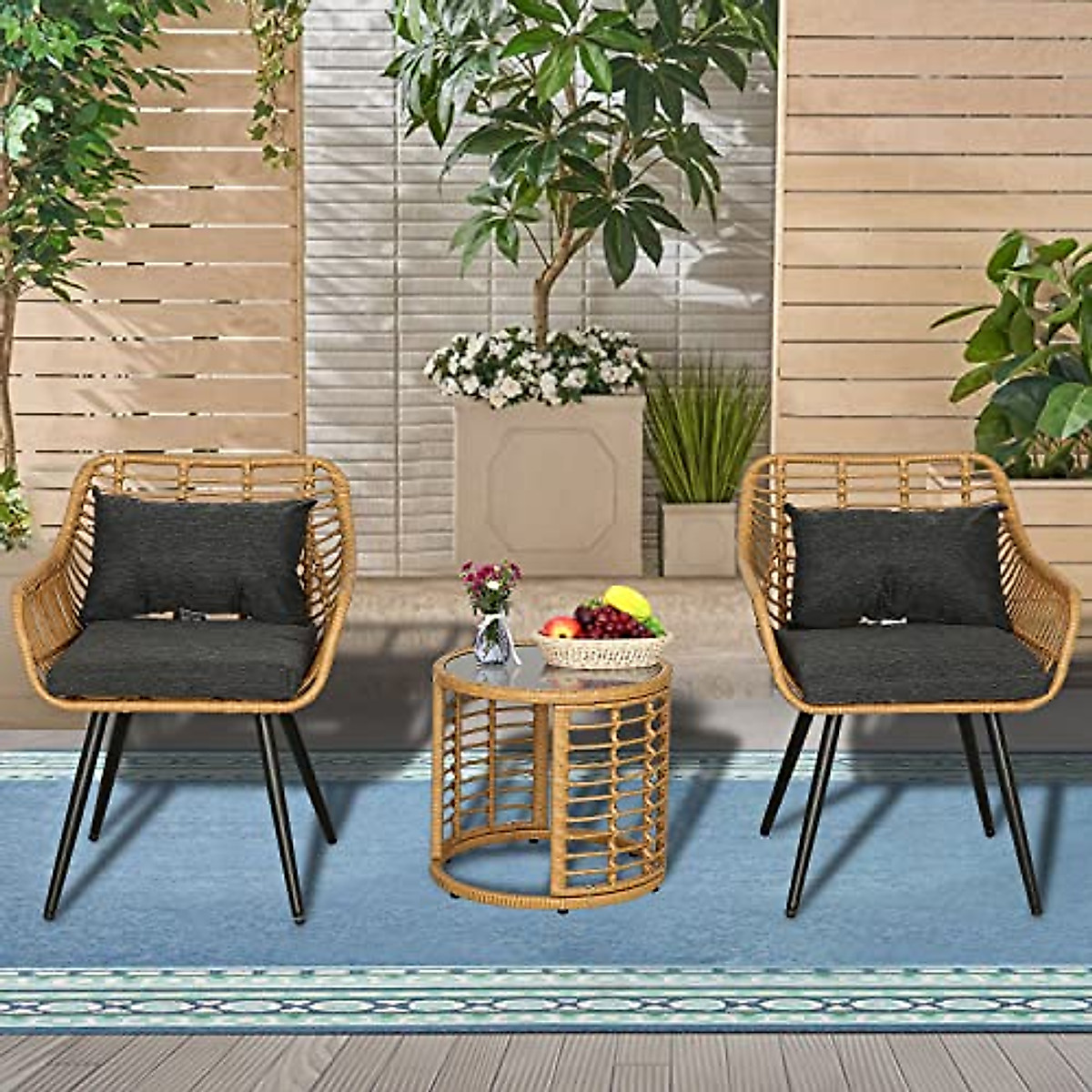 Furnivilla Patio Porch Furniture Sets 3 Pieces PE Rattan Wicker Chairs with Tempered Glass Table for Backyard Garden Porch (Beige/Black)