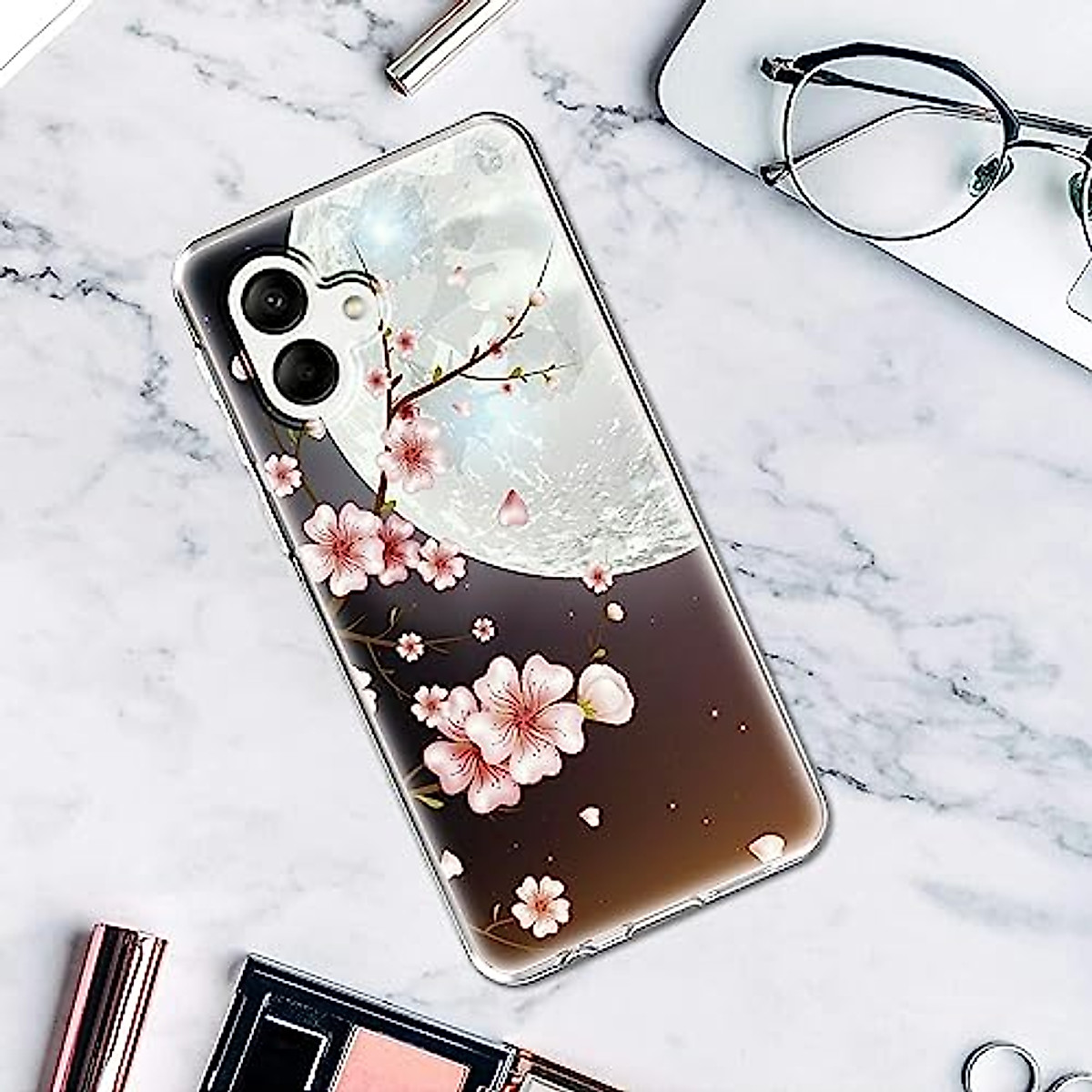SROJDHFJB Phone Case for Samsung Galaxy A04 4G, Clear Cover for Galaxy A04 4G Dual Layer Soft Rubber Shockproof Bumper Anti-Scratch Hard PC Back, Girls Shell with Moon Sakura Dsigned