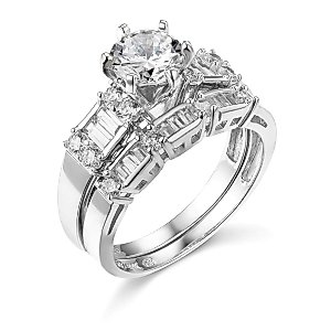 14k White Gold SOLID Wedding Engagement Ring and Wedding Band 2 Piece Set - Size 8