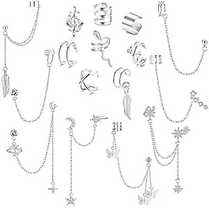 Jstyle 16 Pcs Ear Cuff Earrings for Women Cuff Chain Earrings Helix Cartilage Non Piercing Earring Silver Tone