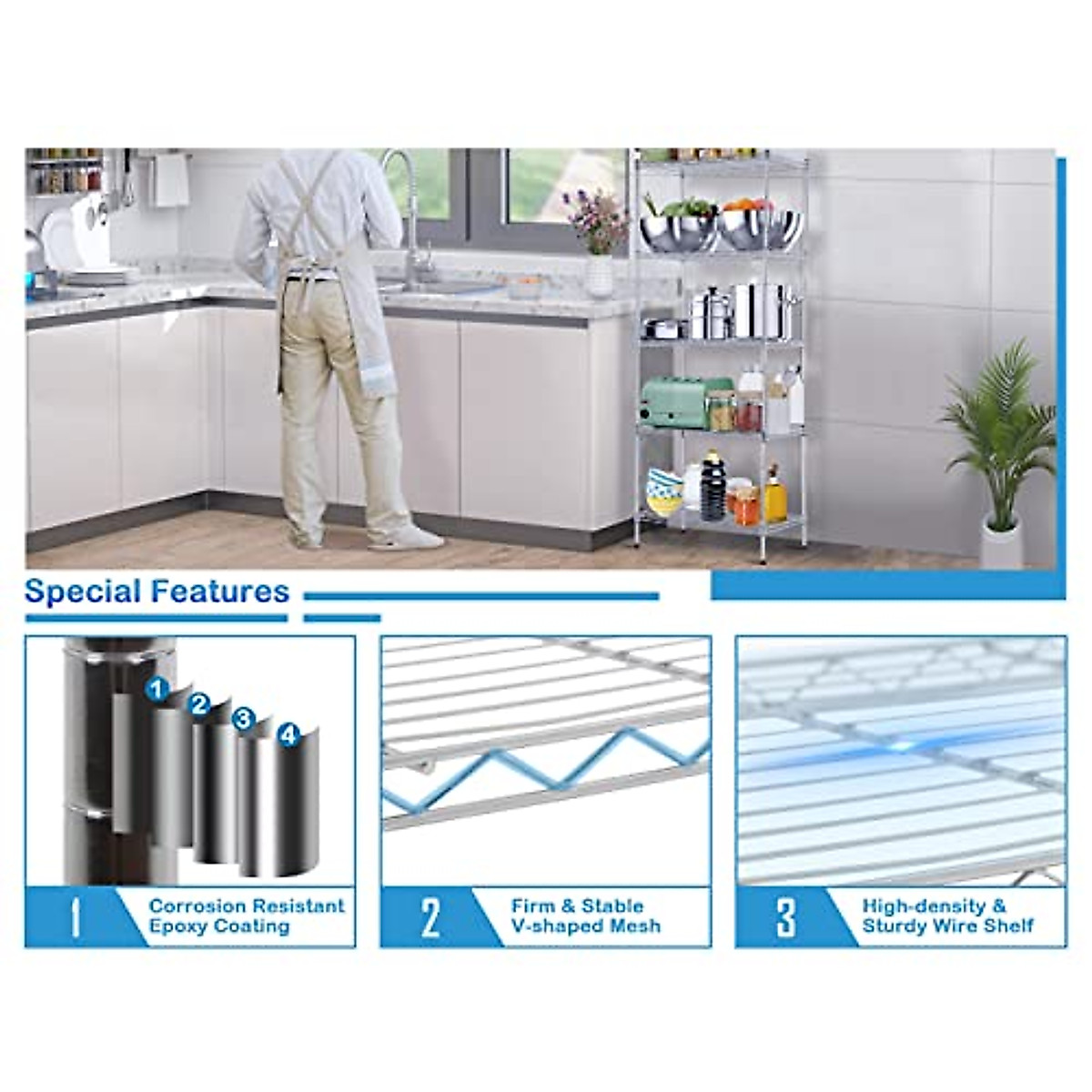 Metal Shelving, 5 Tier 750 Lbs Capacity Wire Shelving with Leveling Feet, Nsf Certified Metal Shelves for Kitchen Pantry Closet Laundry Bathroom Office, 5-shelf Metal Storage Shelves Storage Rack