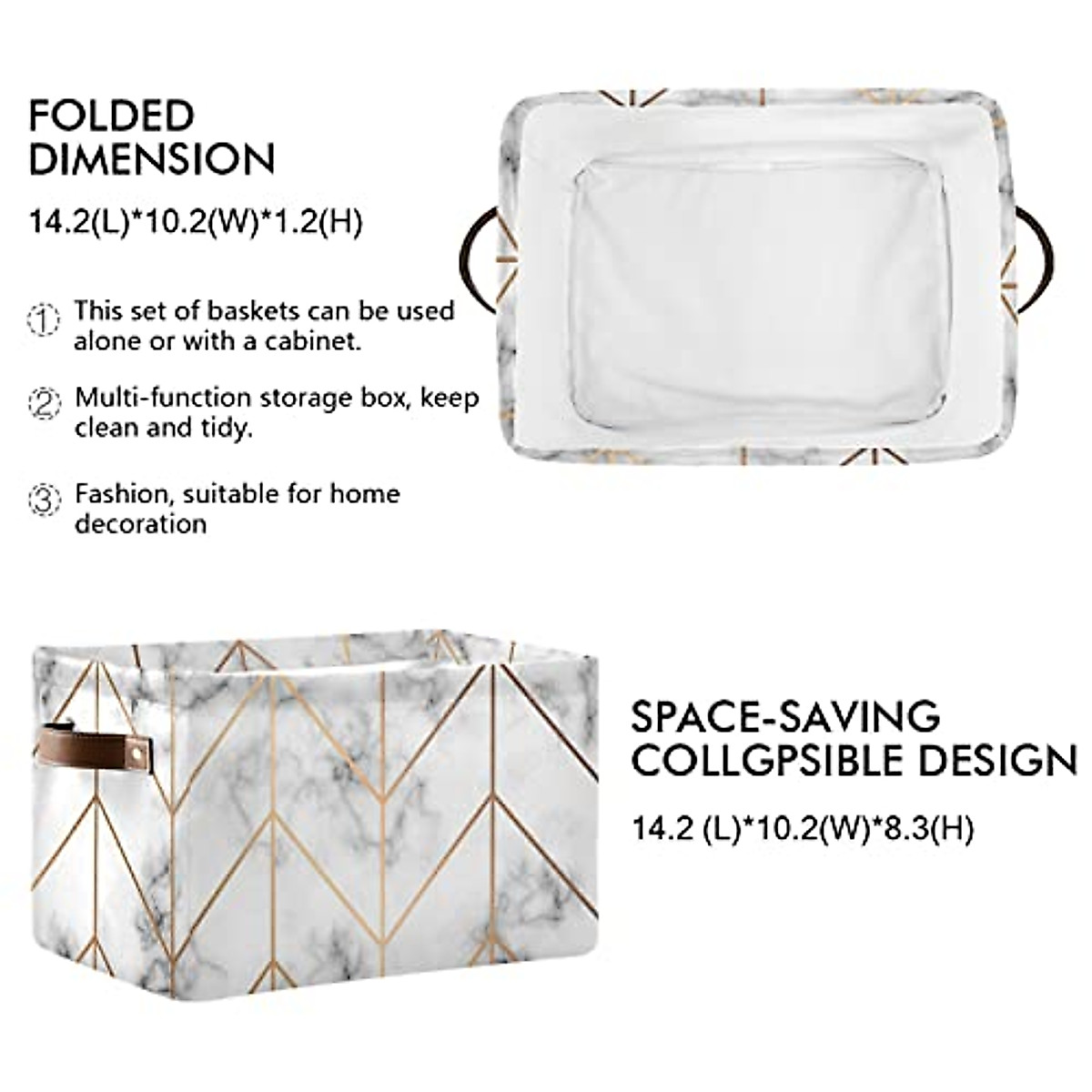 AUUXVA Geometric Line Marble Print Storage Bin Canvas Toys Storage Basket Bin Large Storage Cube Box Collapsible with Handles for Home Office Bedroom Closet Shelves,2 pcs