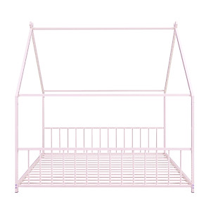 Metal Montessori Floor Bed, Full Size House Bed Frame with Headband and Slats, Full Floor Bed/Cute Montessori Bed for Kids, Girls, Boys(Full Pink)