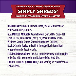 Wellness Bowl Boosters Simply Shreds Natural Grain Free Wet Dog Food Mixer or Topper, Chicken, Beef & Carrots, 2.8-Ounce Pouch(Pack of 12)