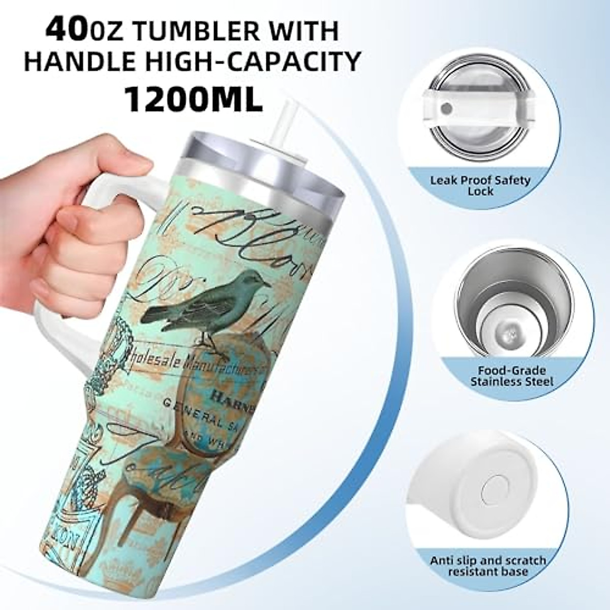 Xiexide 40oz Sweatproof Gifts Vintage French Dark Academia Cottage Butterfly Bird Double Walled Vacuum Insulatedith Handle And Straw,Hot & Cold Drinks