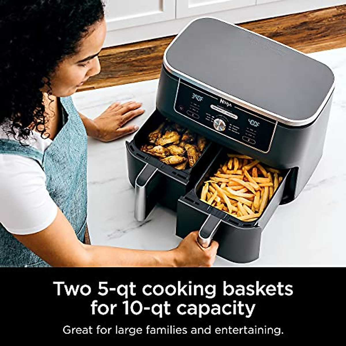 Ninja DZ401 Foodi 6-in-1 10-qt. XL 2-Basket Air Fryer with DualZone Technology, Black (Renewed), 10 Quart Air Fryer