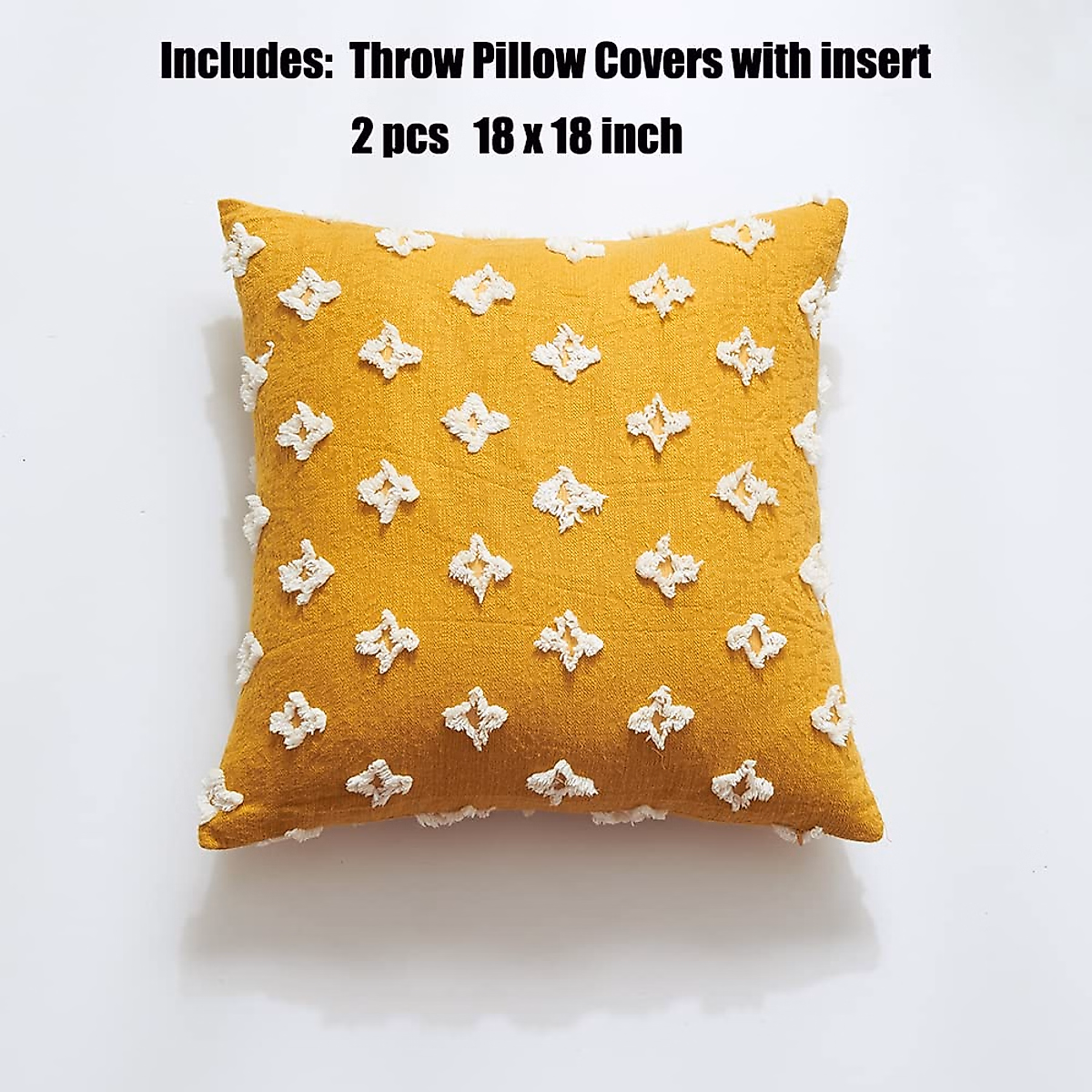 ETASOP Throw Pillow Covers with Insert Included, Rhombic Jacquard Pillowcase Soft Square Cushion Case for Couch Sofa Bed Bedroom Living Room (2 Pcs Yellow)…