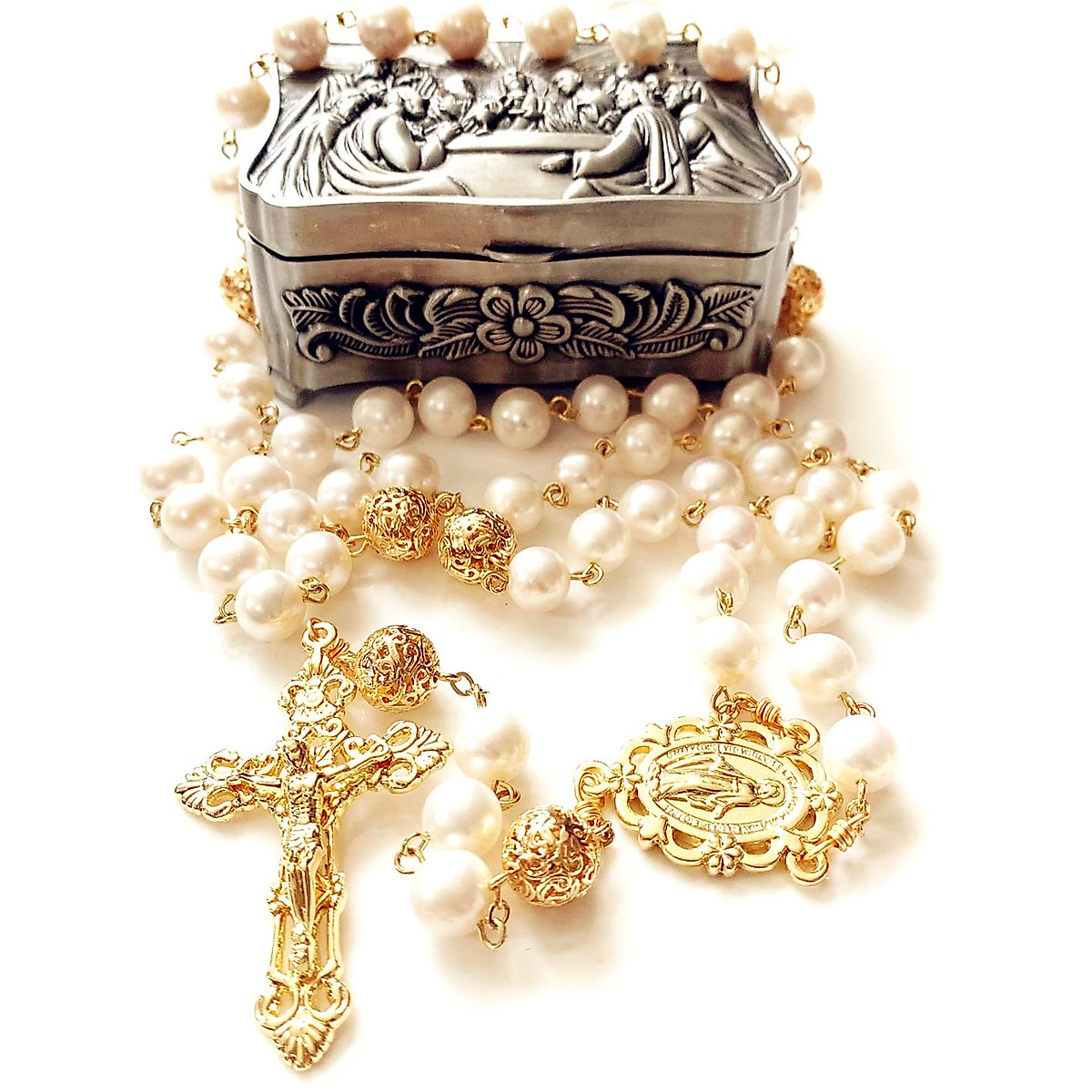 White Real Pearl Rose Gold Beads Catholic Rosary Cross Necklace Supper Box