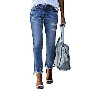 EVALESS Women Destroyed Raw Hem Straight Leg Skinny Jeans Ripped Hole Boyfriend Denim Pants Blue 10