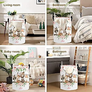 zaaprintblanket Laundry Basket Customized Name Organizer Storage Round Baskets Foldable Laundry Hamper with Handle for Nursery Bedroom Decor (Woodland Animals Pink Blush Floral)