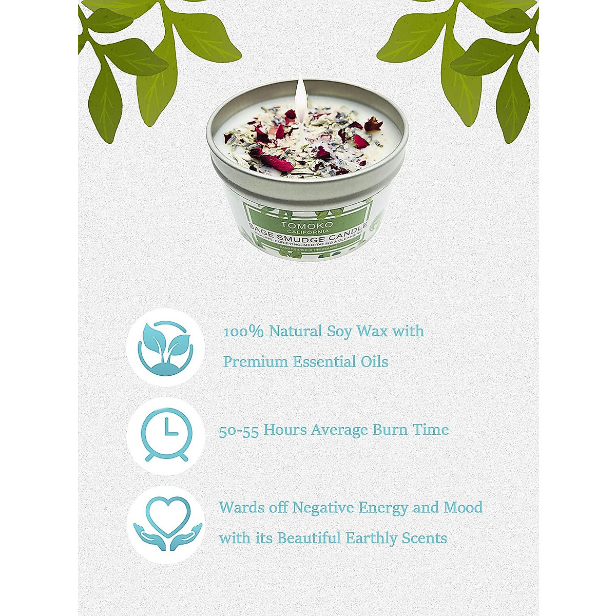TOMOKO White Sage Candle, Sage Leaf, Rose, Lavender, Himalayan Salt & Essential Oil