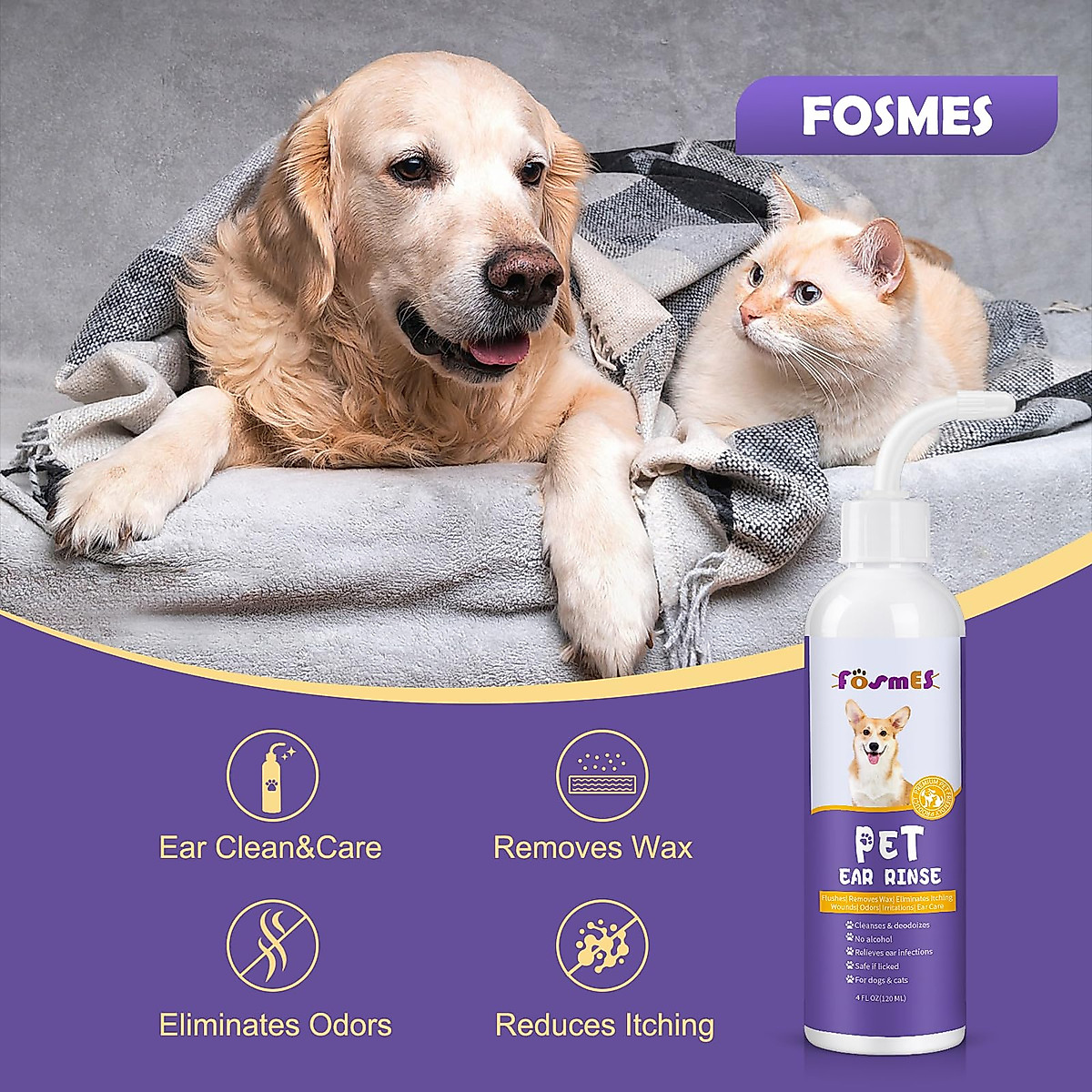 OUYOFI Ear Cleaner for Dogs & Cats, Pet Ear Cleaning Solution to Help Reduce Ear Dirt Buildup and Relieve Ear Odor,Gentle Ear Cleaning Solution,4 Fl oz