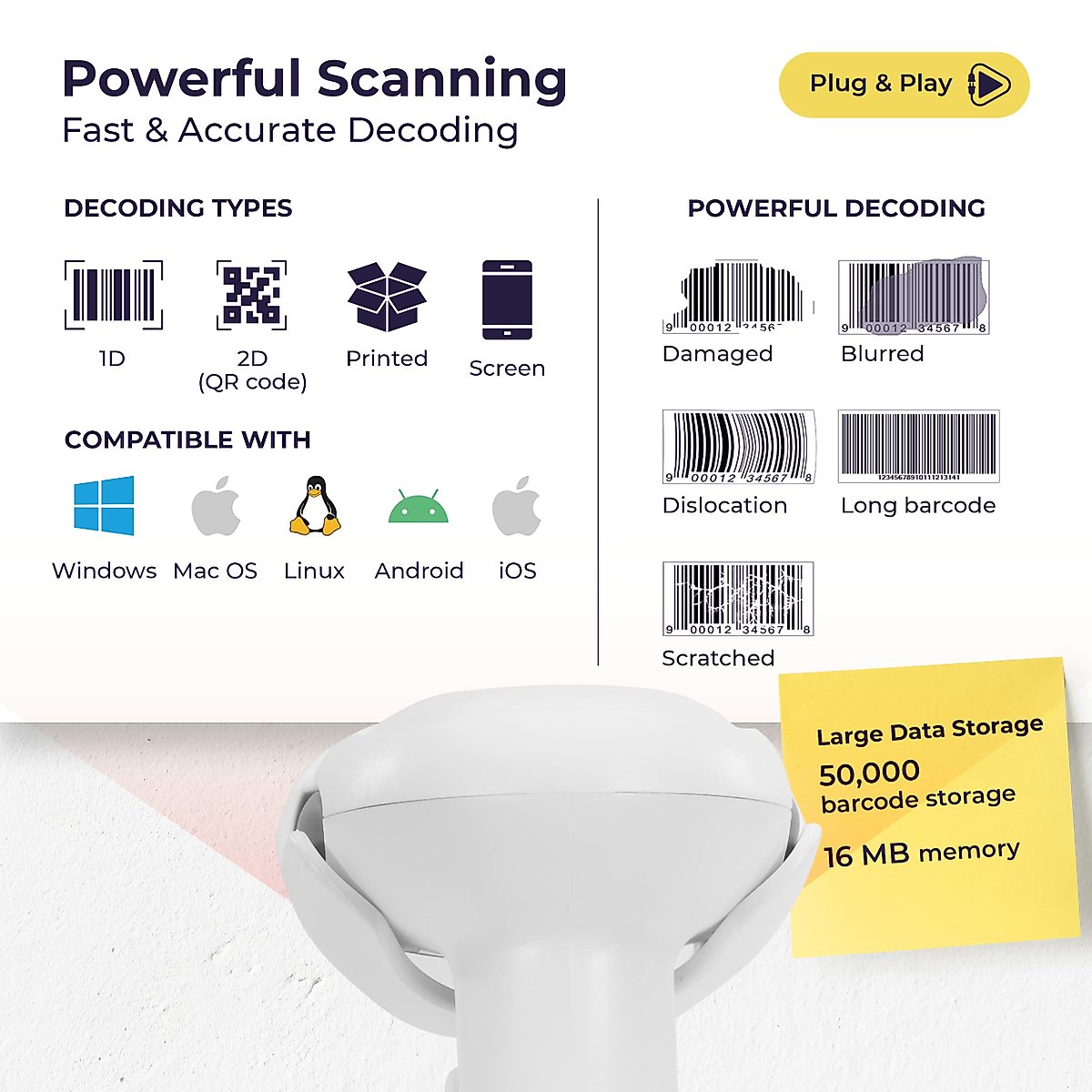 Wireless Bluetooth Barcode Scanner, QR Code Scanner, USB Portable Handheld Scanners w/Stand Connect w/Tablet/Phone/PC, 1D & 2D Inventory Scanner, Symbol Barcode Scanner for Retail & Warehouse, White