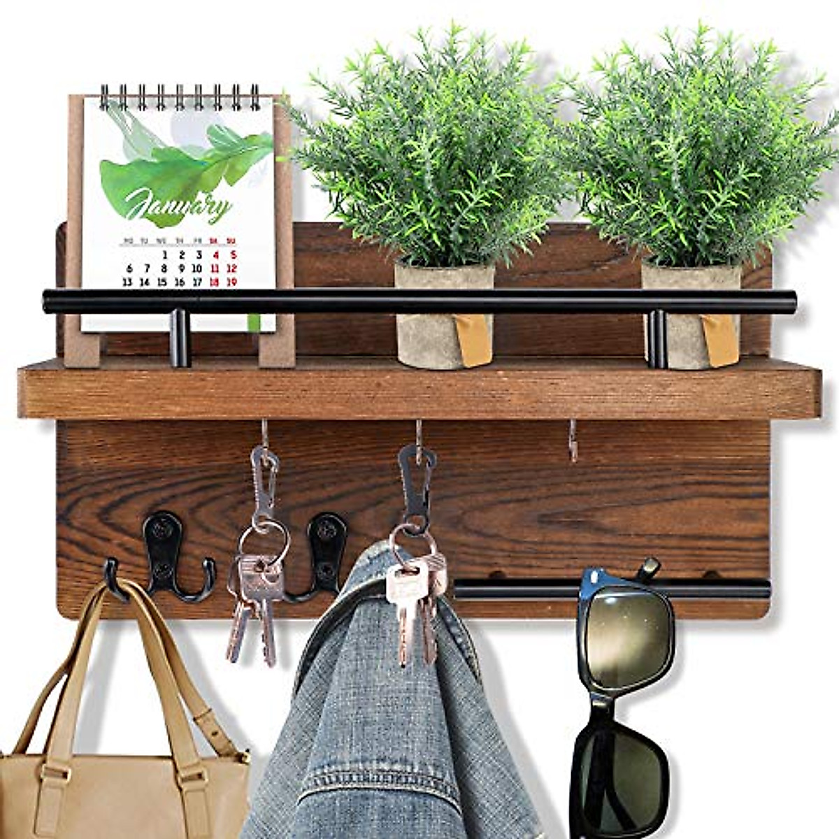 OurWarm Key Holder for Wall Decorative with 5 Key Hooks, Wall Mounted Key Hangers for Wall with Mail Key Rack, Wooden Mail Organizer with Shelf, Rustic Home Decor for Entryway Mudroom Hallway Office