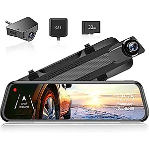WOLFBOX 2.5K Dash Cam Mirror for Car, Rear View Mirror Camera with 10" IPS Full Touch Screen, Dual Dash Camera 1440P Front and Rear Mirror with 1080P Backup Camera, Free TF Card & GPS