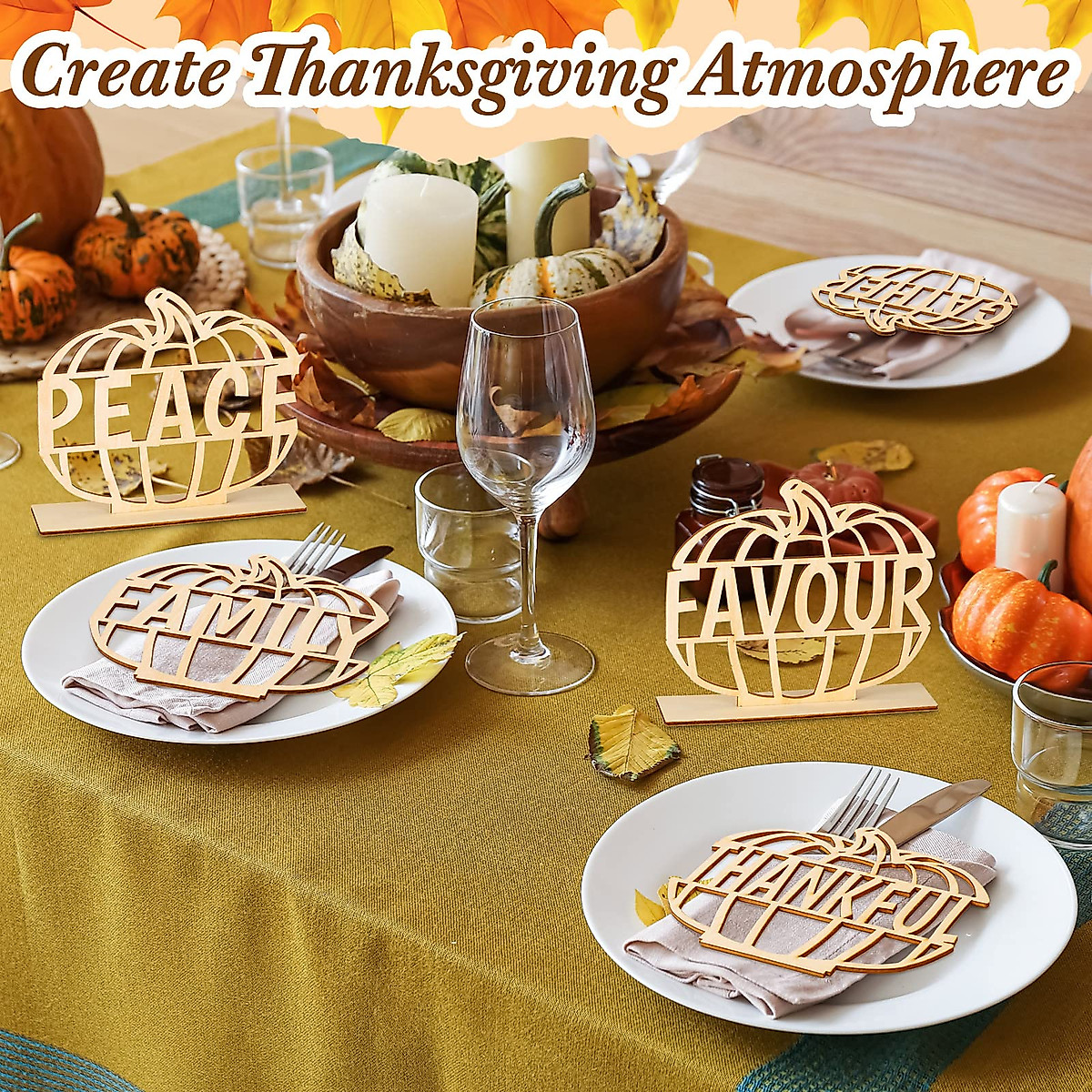 Vicenpal 9 Pcs Thanksgiving Wood Cutout Cards Sign Place Setting Thankful Grateful Gather Gratitude Love Peace Signs Rustic Letter with Holder Base for Table Decoration(Twigs)