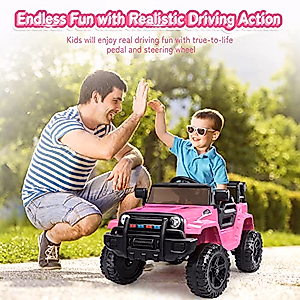 JOYMOR Ride on Truck with Remote Control, 4 Wheels 12V Battery Powered Kids Car, with LED Headlight/Horn Button/ MP3 Player/USB Port/Forward Backward/Kids Girl Boy (Pink)