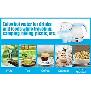 Travel Foldable Electric Kettle, Collapsible Portable Kettle for Fast Water Boiling Tea Coffee, with 1 Collapsible Bowl and 2 Collapsible Cups, Food Grade Silicon, 600ML 110V