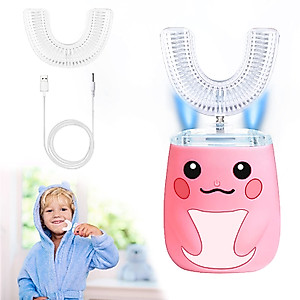 BASHUO Kids Ultrasonic Electric Toothbrush, 6 Gear Speed Mode IPX7 for Sensitive Teeth 360° Oral Cleaning U Shaped Toothbrush for Children Toddler 2-7 Years Old (Pink)