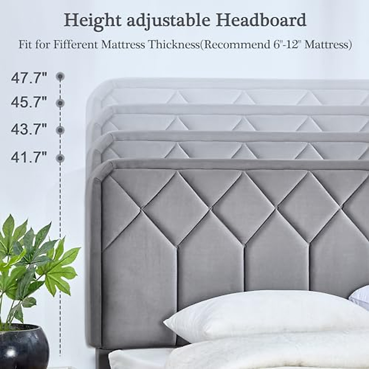 VECELO Queen Size Bed Frame Premium Upholstered Platform with Height Adjustable Headboard/Mattress Foundation Solid Wooden Slat Support, No Box Spring Needed/Easy Assembly, Dark Grey