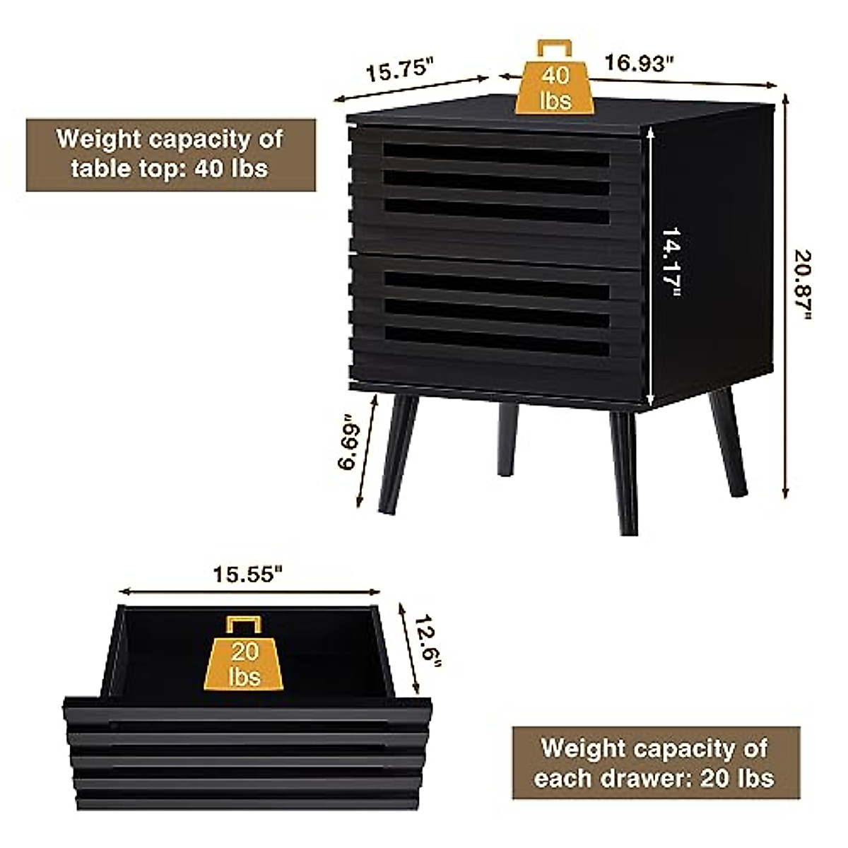 PHOYAL Nightstand Set of 2, End Side Table Modern Farmhouse Nightstand Modern Wood Accent Side Table Night Stands, Nightstand with Storage Drawer for Bedroom Living Room 2-Pack, Black - 2