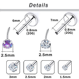 Oicctyzio 20g Threadless Flat Back Push Pin In Opal Nose Rings Studs for Women Men with Flatback 20 Gauge Cartilage Tragus Helix Piercing Jewelry Hypoallergenic Surgical Stainless Steel