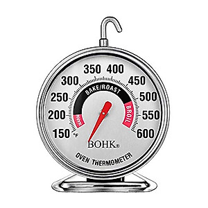 BOHK Large 2.36 Inch Dial Oven Thermometer with Bold Numbers Clear Toughened Glass Lens Hook Base Durable Stainless Steel Body Easy to Read Accurate 150-600℉