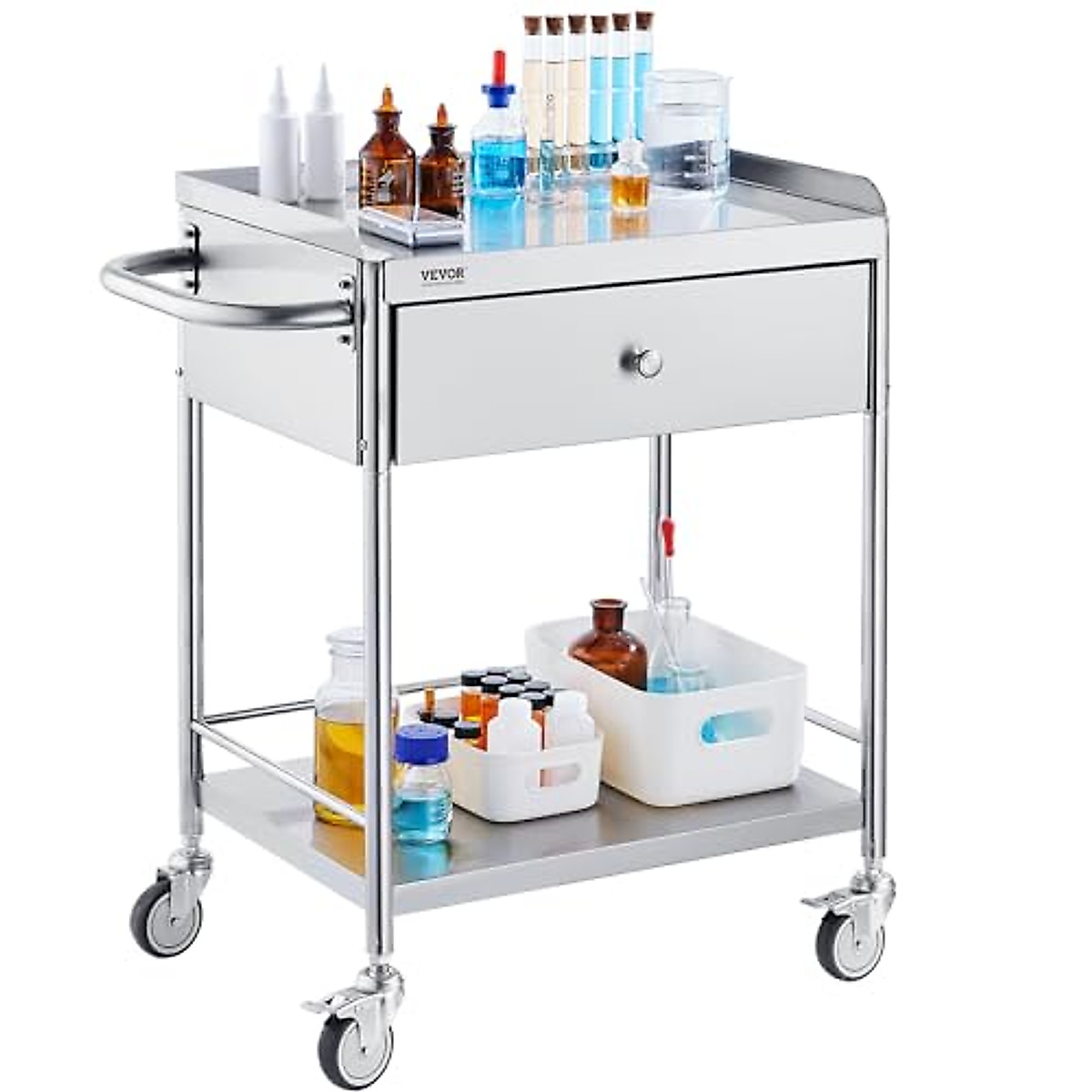 VEVOR Medical Trolley, Dual-Tier Stainless Steel Trolley with a 220 lbs Load Limit, Equipped with Quiet 360° Casters and a Drawer, Ideal for Laboratories, Clinics, Kitchens, and Salons