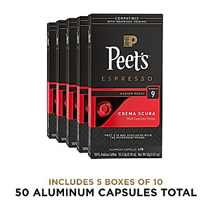 Peet's Coffee, Medium Roast Espresso Capsules Compatible with Nespresso Original Machine, Crema Scura Intensity 9, 50 Count (5 Boxes of 10 Espresso Pods)