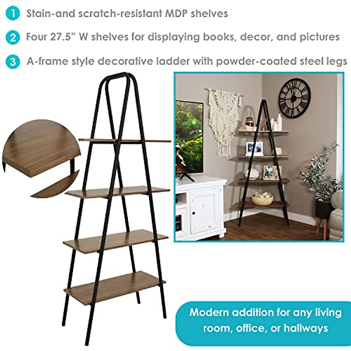 Sunnydaze 68.5-Inch H 4-Tier Industrial-Style A-Frame Ladder Shelf - MDP Shelves with Powder-Coated Steel Frame - Brown