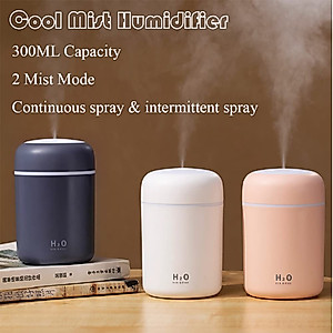 Portable Mini Humidifier, 300ml Small Cool Mist Humidifier with Colorful LED Night Light, USB Personal Desktop Humidifier for Car Office Home Travel, Auto Shut-Off, 2 Mist Modes, Super Quiet(grey)