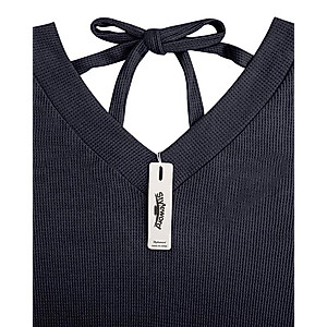 OUGES Womens Tie Back Knit Tops V Neck Long Sleeve Casual Sweater Pullover（Navy,M）