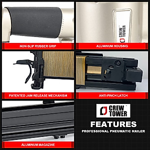 CREWTOWER Construction Stapler, 16 Gauge 15/16-inch Wide Crown, Pneumatic Air Staple Gun for Fence Wire Wood Lathes Slats Furniture Frames Pallets and Finish, Heavy Duty