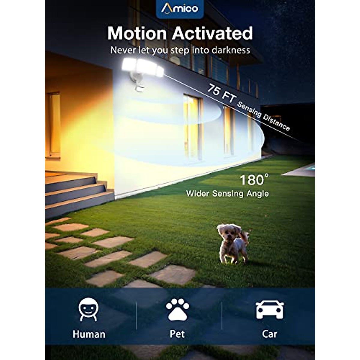 Amico 2-Pack 3 Head LED Security Lights with Motion Sensor, Adjustable 40W, 4000LM, 5000K, IP65 Waterproof, Exterior Flood Light for Garage, Yard（White