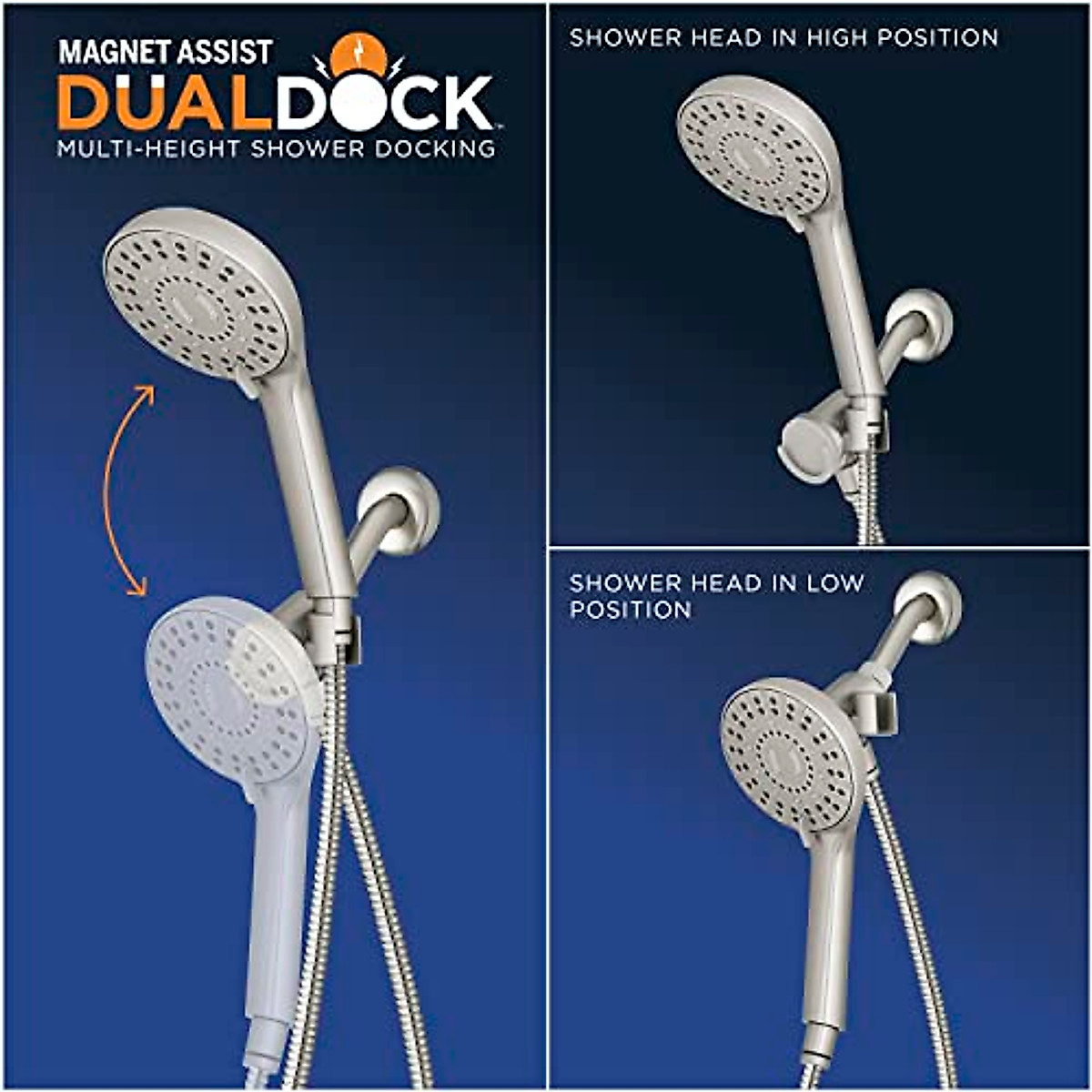 Waterpik Magnetic Dual Dock Adjustable Height Hand Held Shower Head With 5-Foot Metal Hose and PowerPulse Shower Massage, Brushed Nickel QMP-869ME