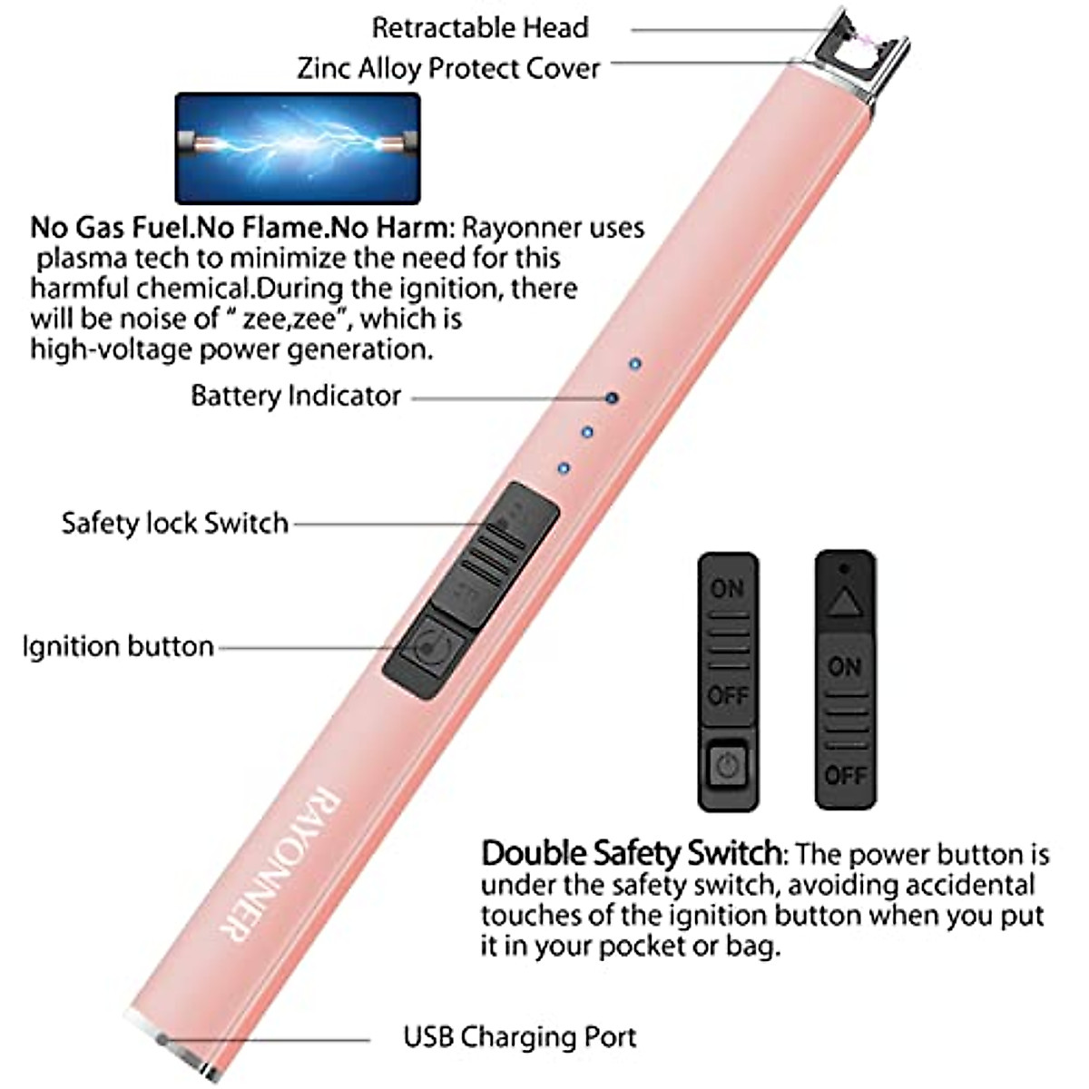 RAYONNER Lighter Electric Lighter Candle Lighter Rechargeable USB Lighter Arc Lighter